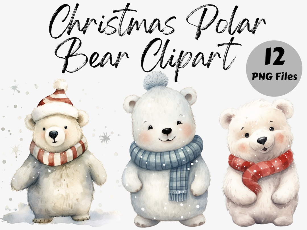 Watercolor Christmas Polar Bear Clipart Bundle | Polar Bear PNG | Cute ...