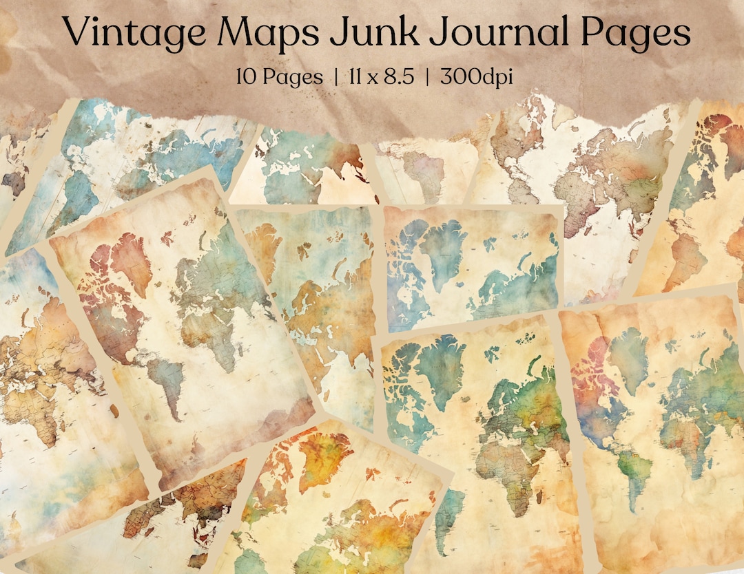 Vintage Map Junk Journal Pages | Printable Antique World Maps | Digital ...