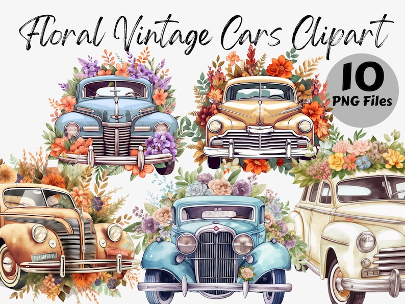 Watercolor Floral Vintage Car Clipart Bundle Vintage Car - Etsy