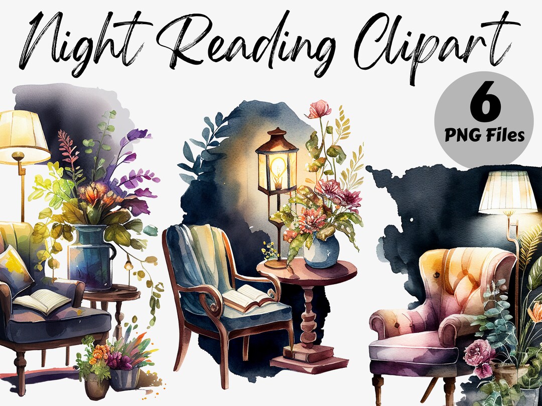 Watercolor Night Reading Nook Clipart Bundle | Night Reading Digital ...