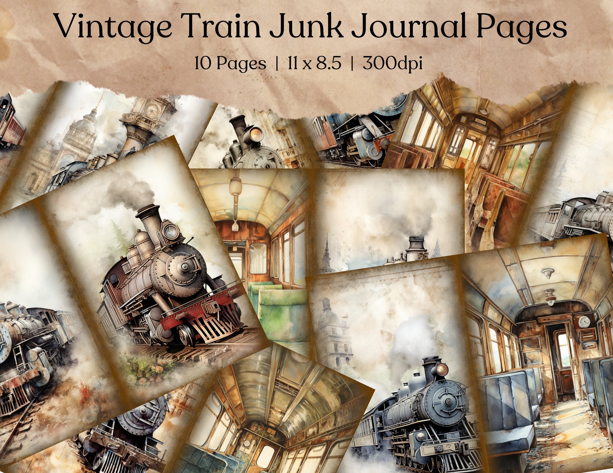Vintage Train Junk Journal Pages Digital Scrapbook Paper Locomotive ...