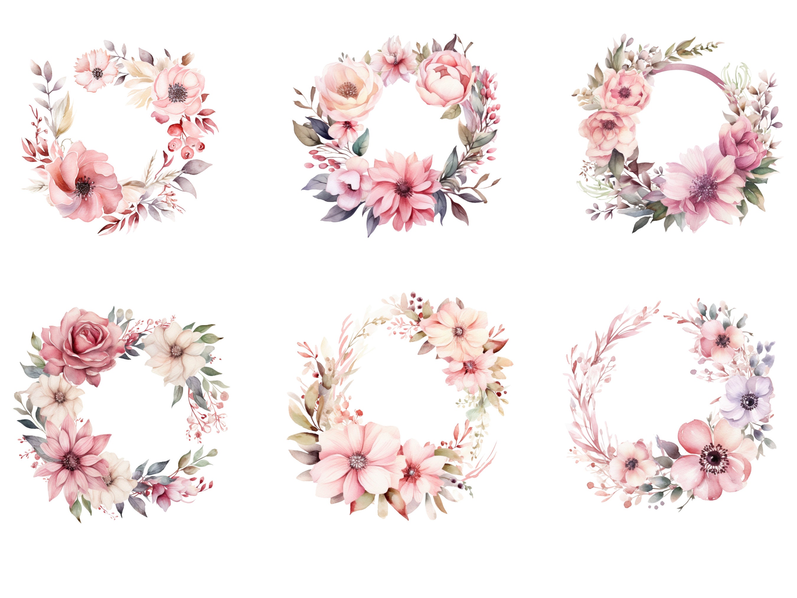 Watercolor Pink Floral Wreath Clipart | Floral Wreath Digital Images ...