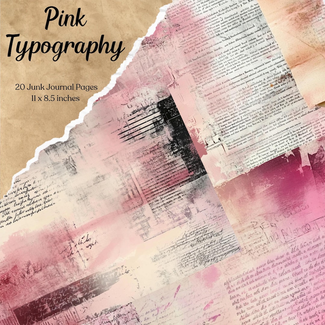 Pink Typography Junk Journal Printable Pages Vintage Ephemera Scrapbook ...