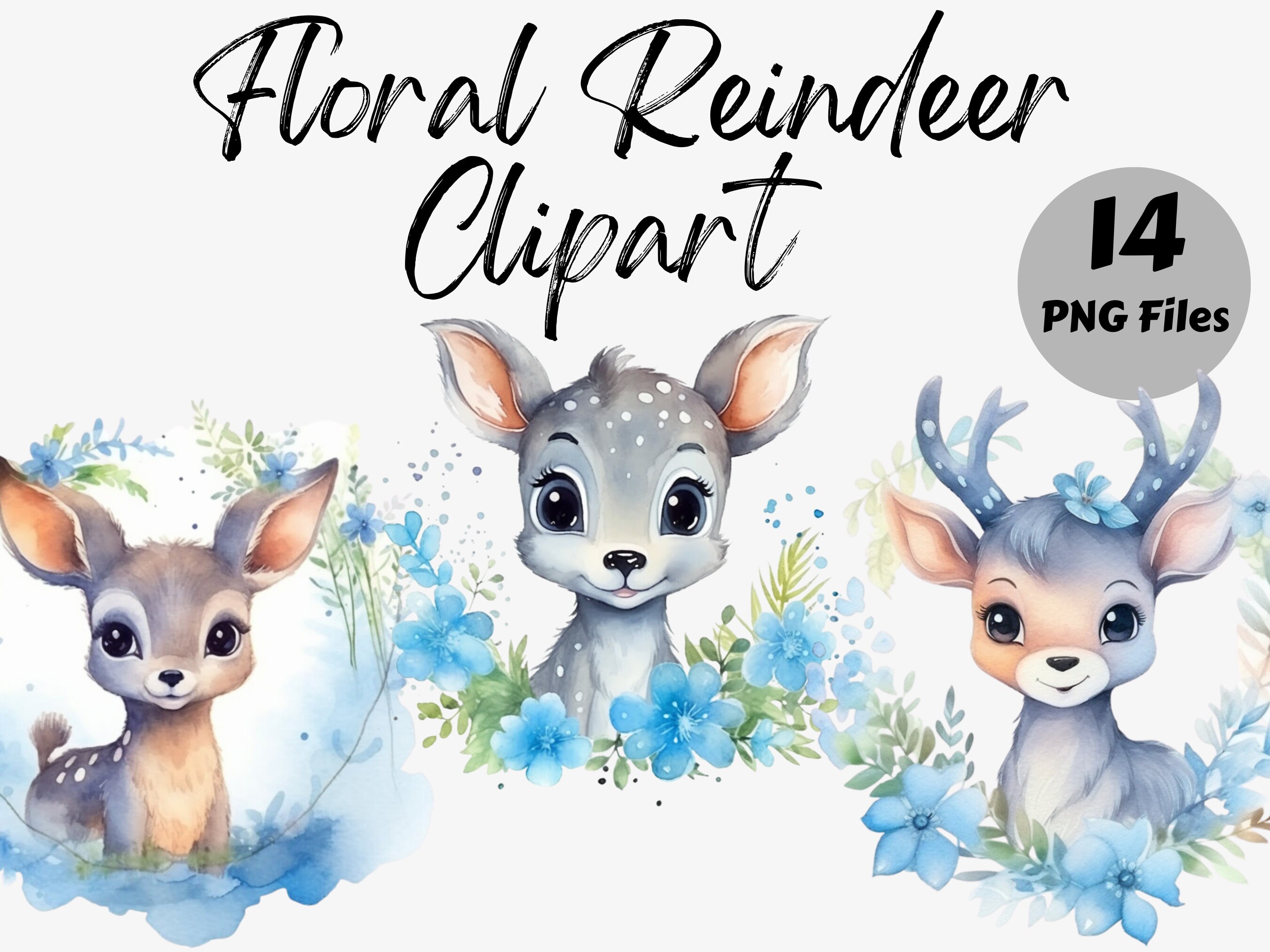 Watercolor Floral Reindeer Clipart Bundle Christmas PNG Cute Reindeer ...