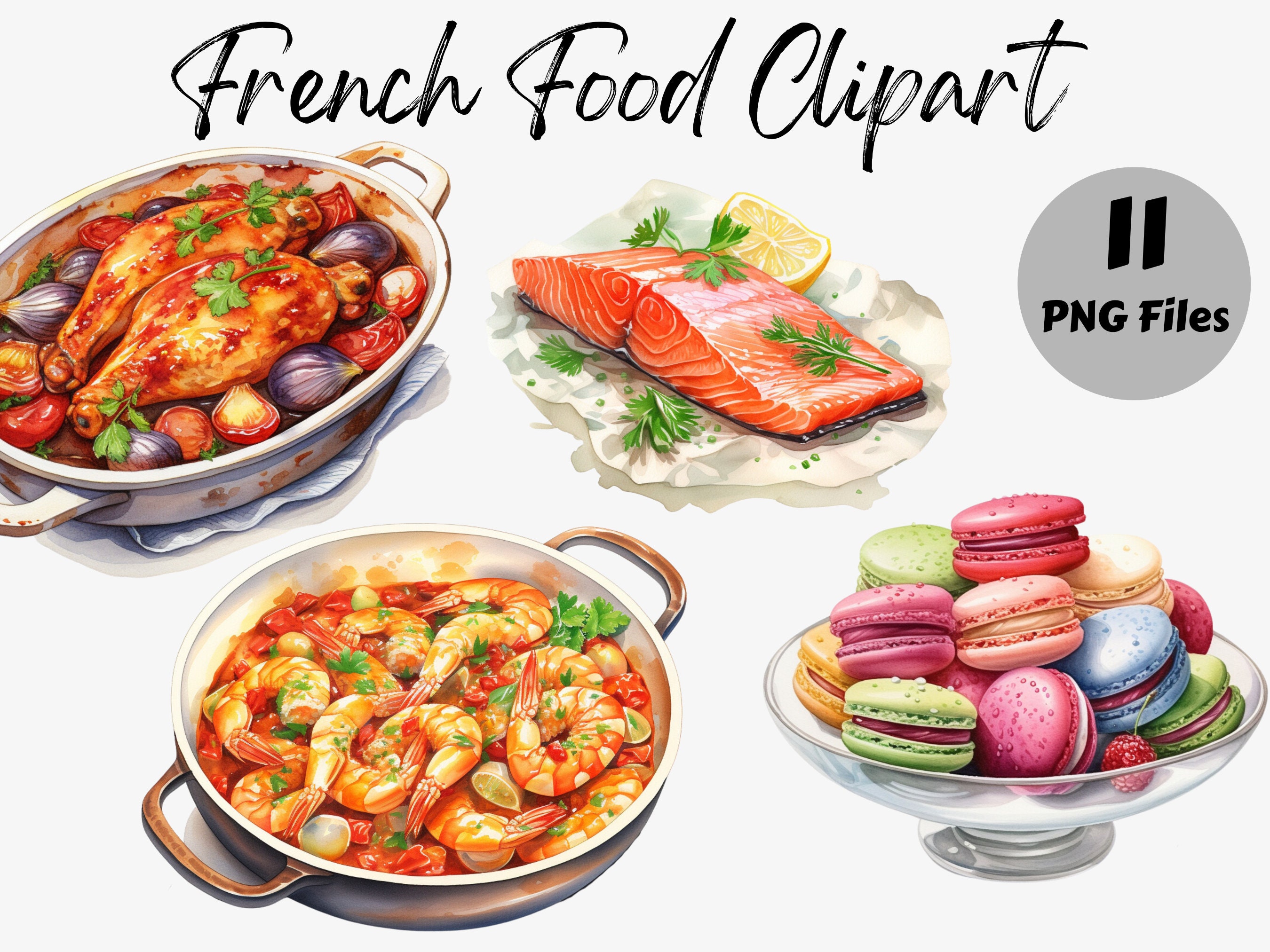 Watercolor French Food Clipart | Food PNG | Macaron | Baguette ...