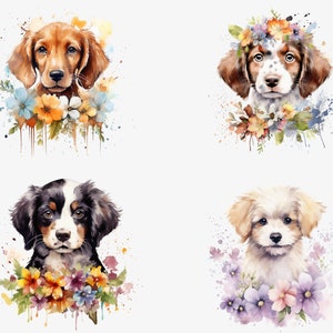 Watercolor Floral Puppy Clipart Bundle | Puppy Graphics | Puppy ...