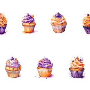 Watercolor Purple and Orange Cupcake Clipart Bundle | Halloween ...