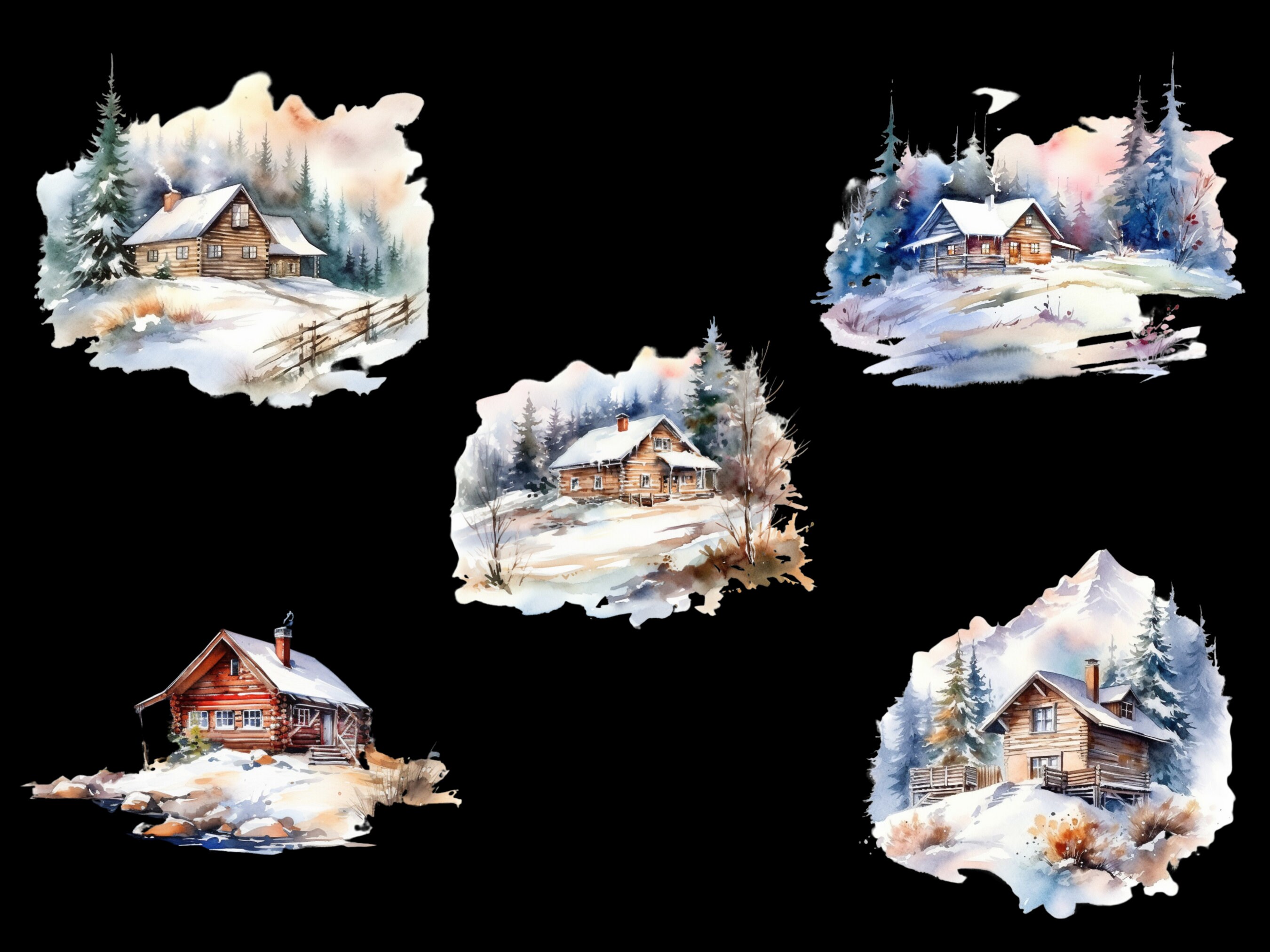 Watercolor Winter Cabin Landscape Clipart Bundle Winter Digital Images ...