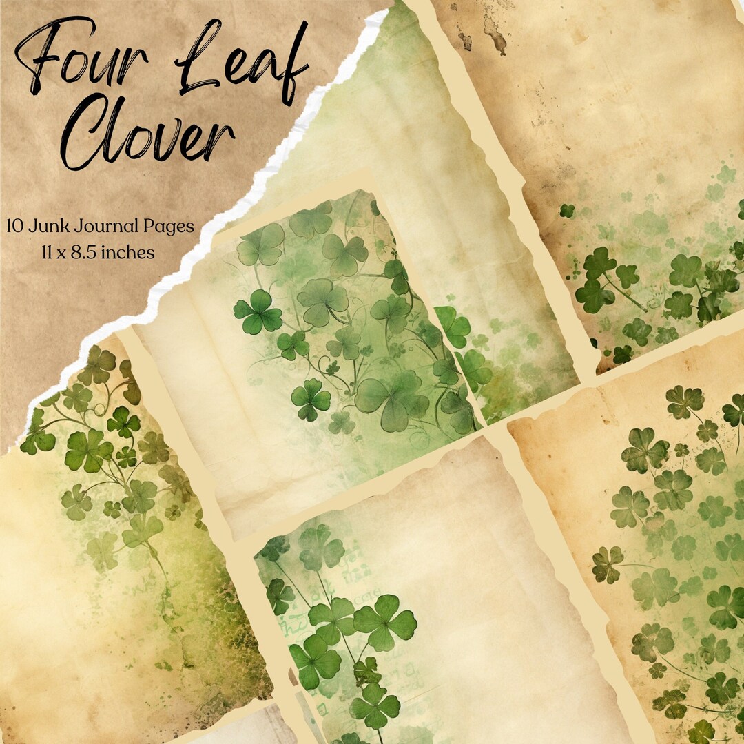 Four Leaf Clover Junk Journal Pages | Shamrock Scrapbook | Green Printable | Four Leaf Clover ...