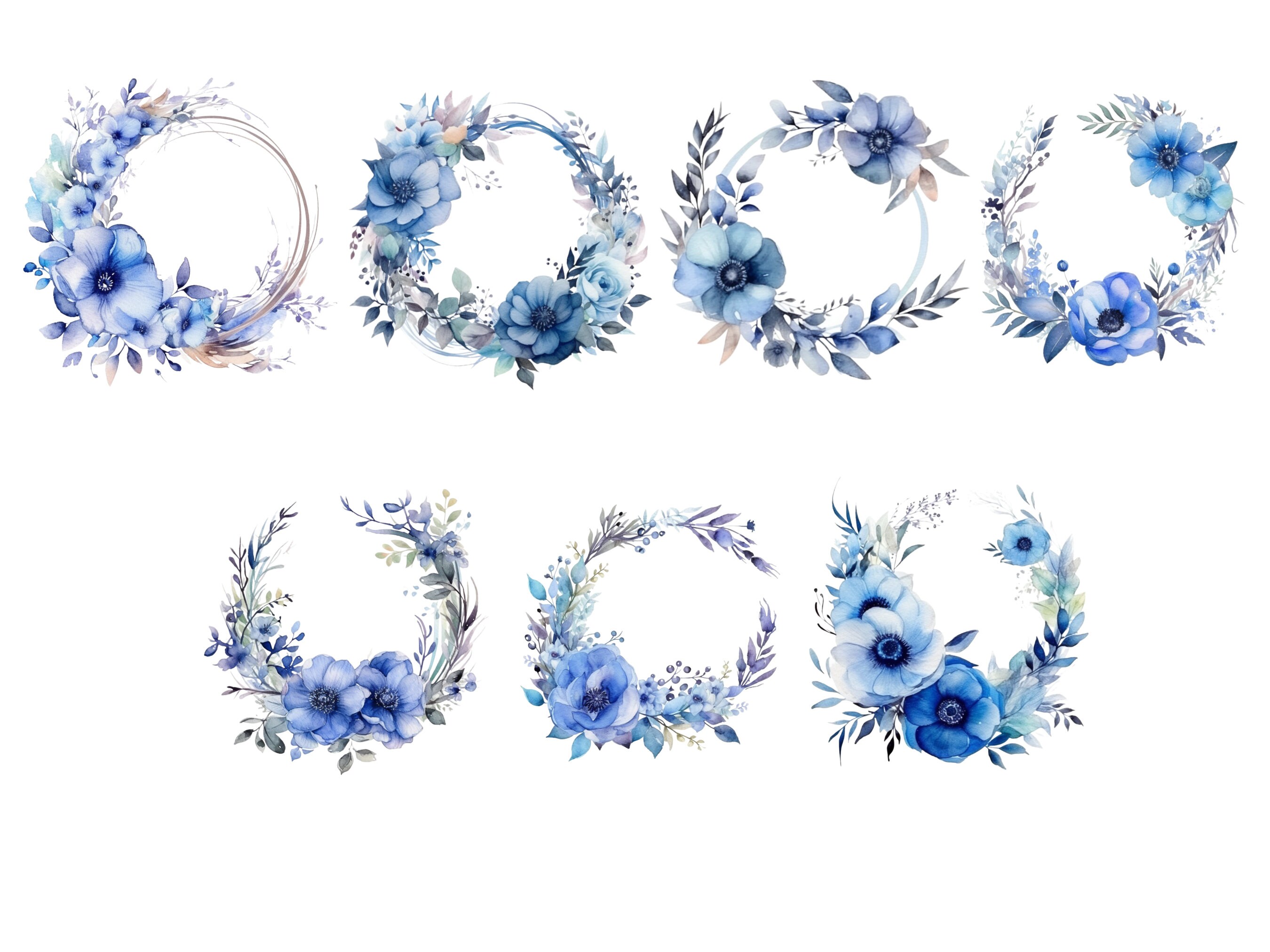 Watercolor Blue Floral Wreath Clipart Floral Wreath Digital Images ...