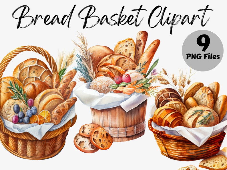 Watercolor Bread Basket Clipart Bundle Bread Basket Digital Images ...
