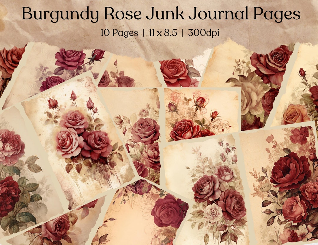 Burgundy Roses Junk Journal Pages | Vintage Roses Junk Journal Kit | Junk Journal Printable ...