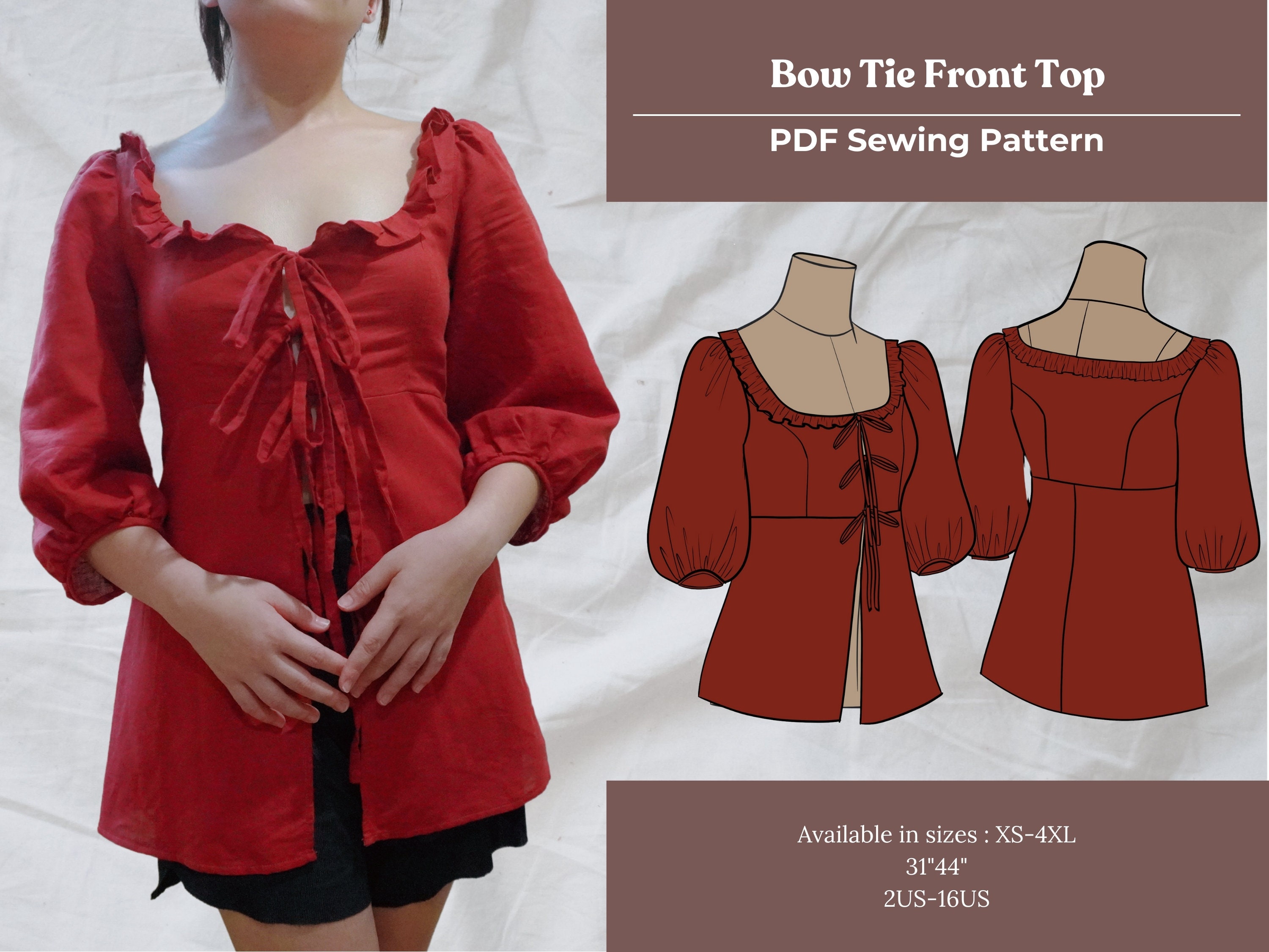Tie Front Top PDF Sewing Pattern | Bow Tie Blouse Sewing Pattern ...
