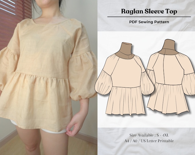 Peplum Top Sewing Pattern, Raglan Sleeve Blouse PDF Sewing Pattern ...