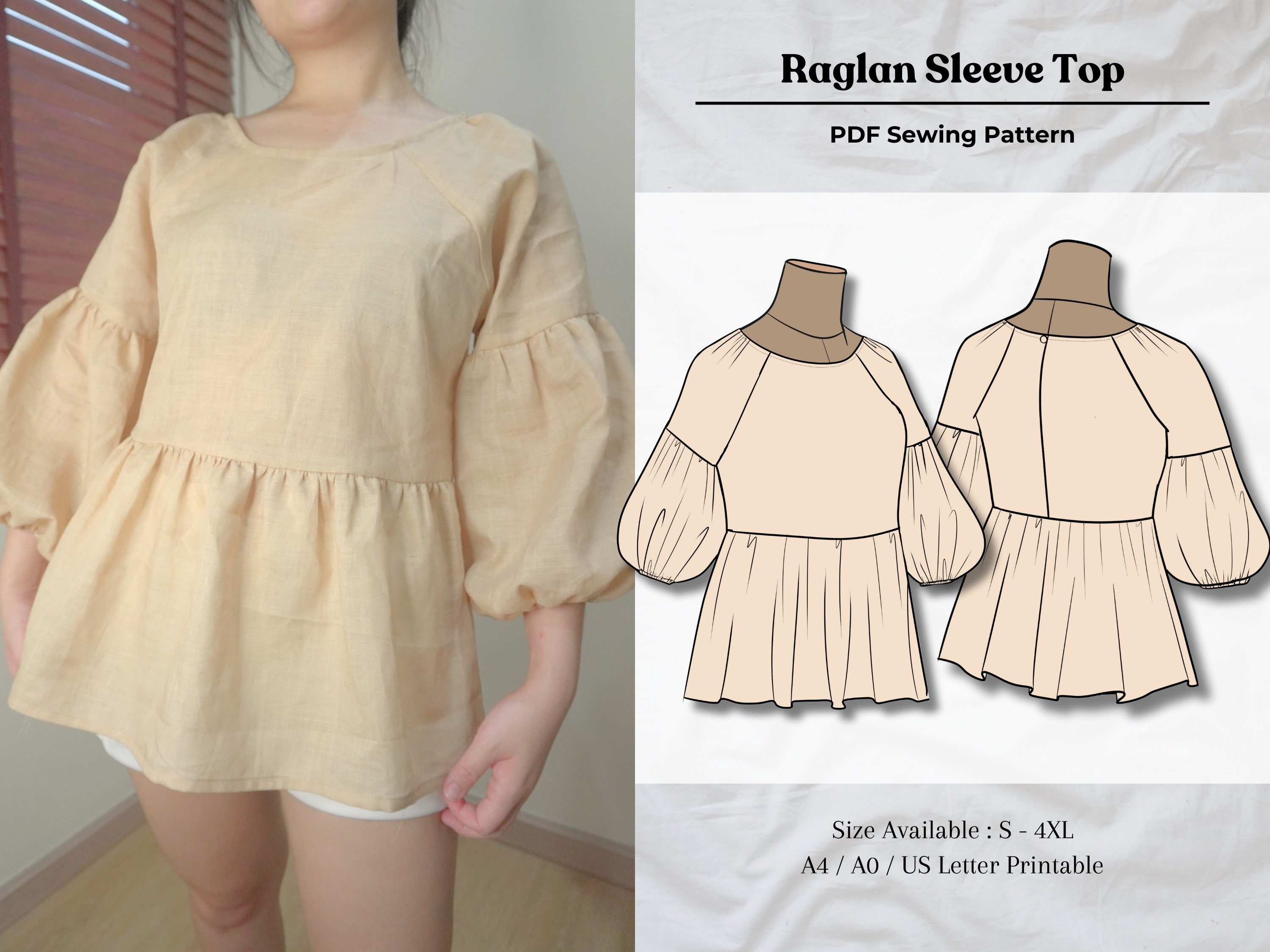 Peplum Top Sewing Pattern, Raglan Sleeve Blouse PDF Sewing Pattern ...
