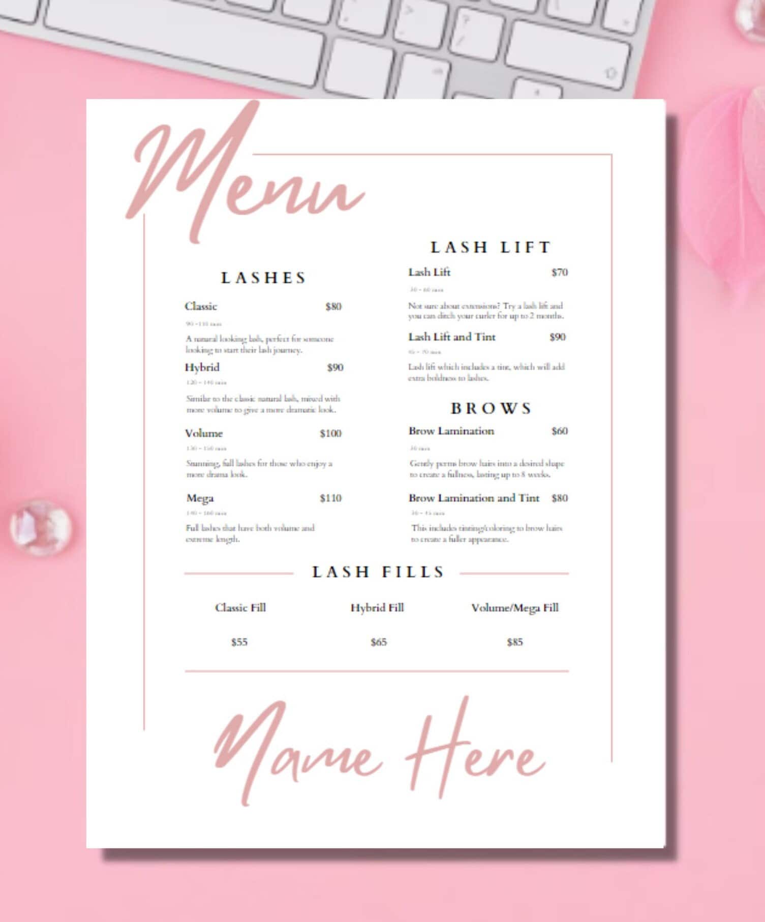 Lash Extension/brow Pricing Menu, Editable and Printable Digital - Etsy