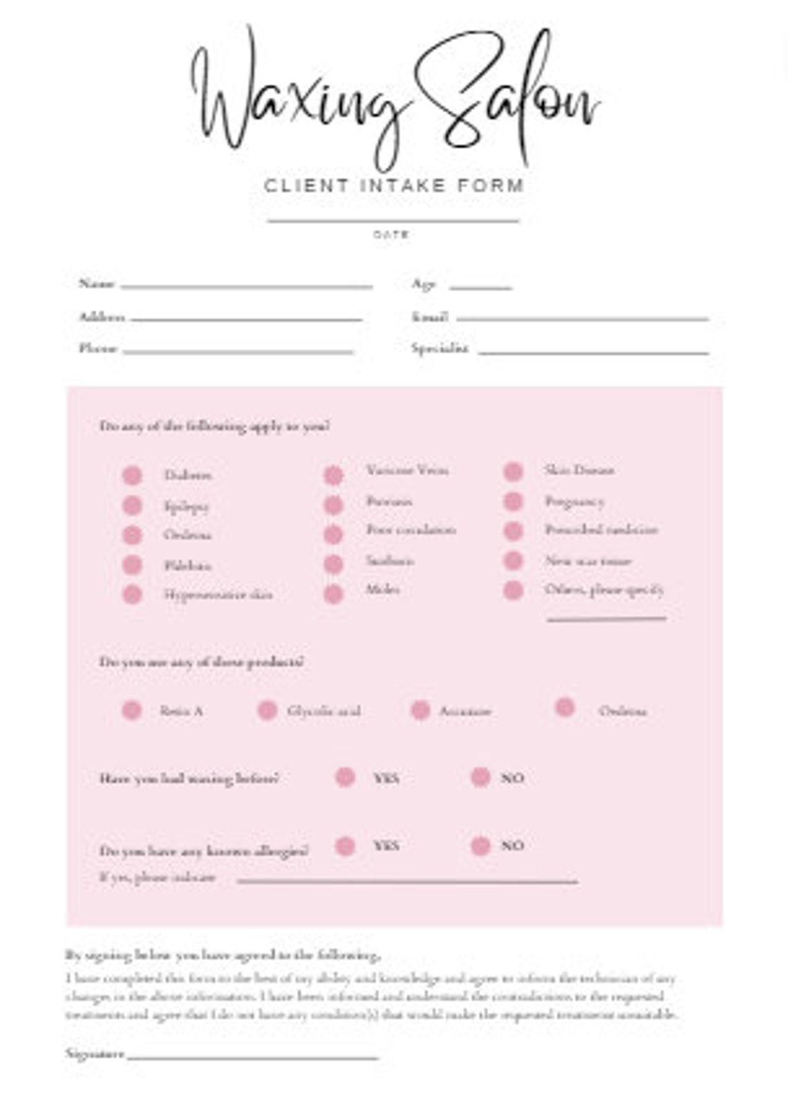 Waxing Client Intake Form, Editable and Printable Digital - Etsy