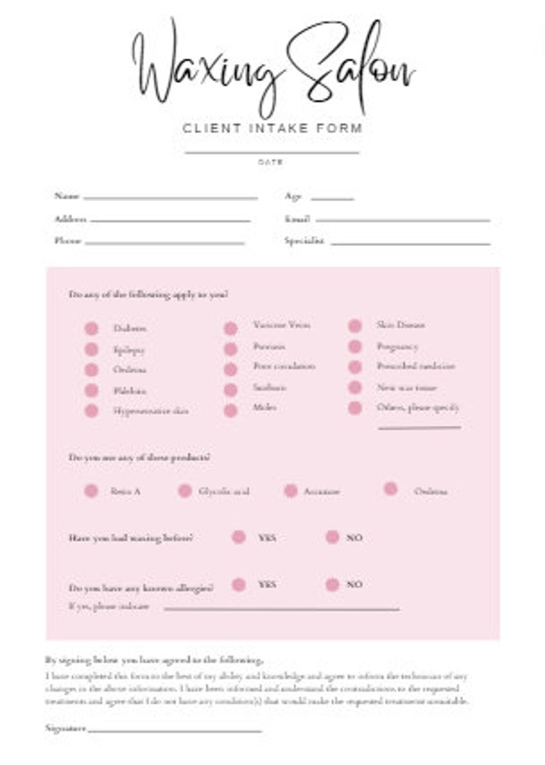 Waxing Client Intake Form, Editable and Printable Digital - Etsy