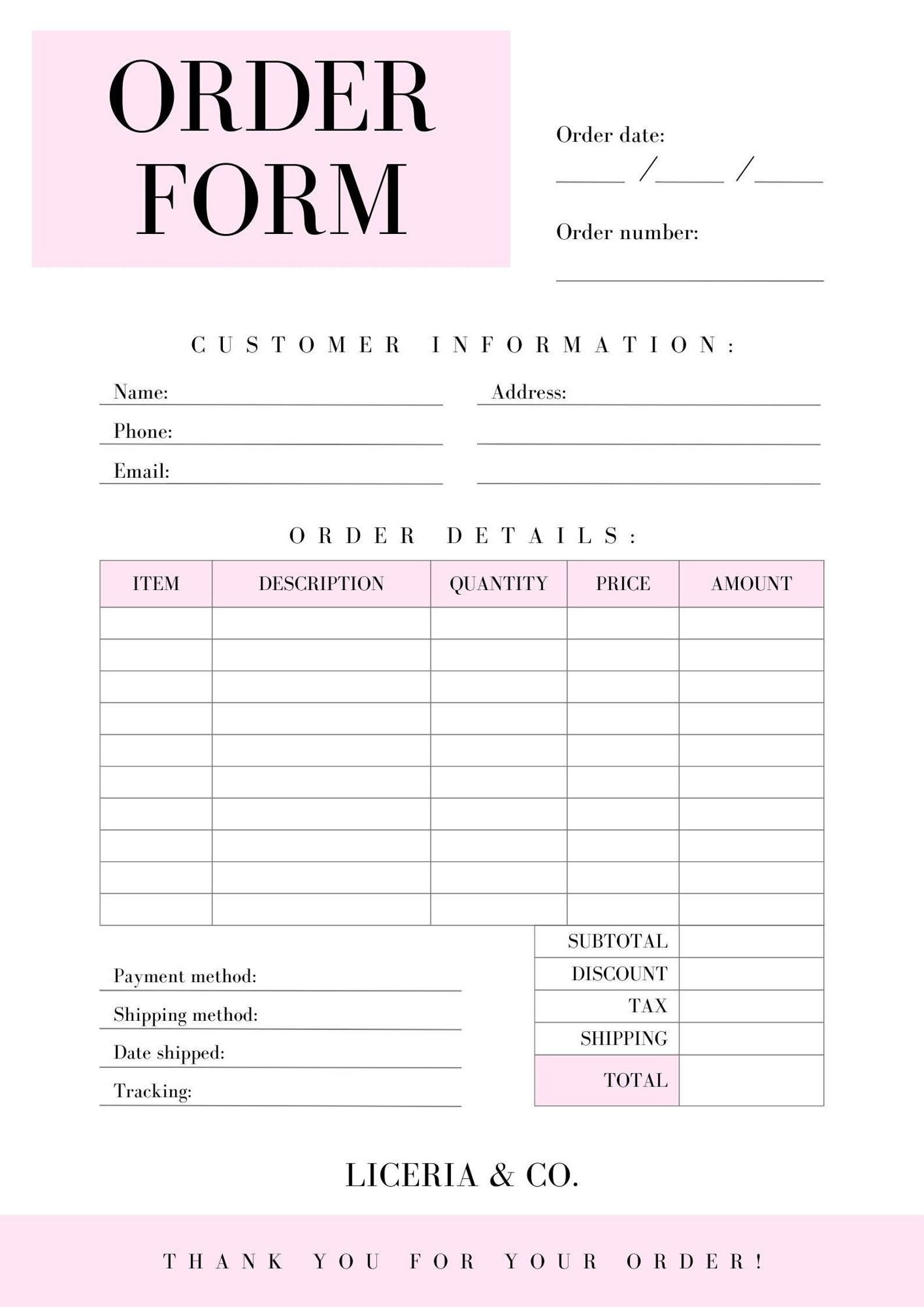 Order Form Template for Small Businesses, Editable and Printable ...