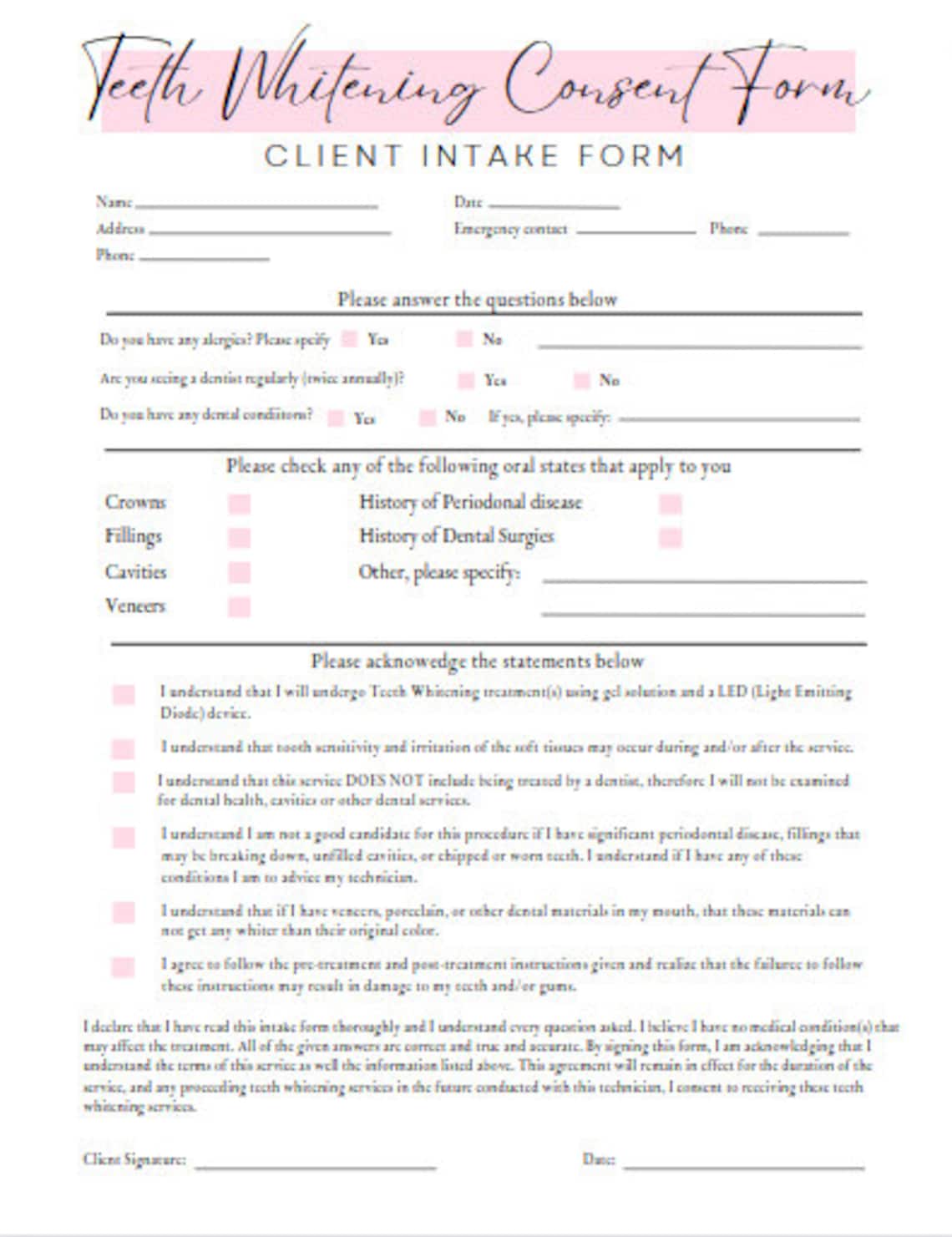 Teeth Whitening Consent Form, Editable and Printable Digital - Etsy