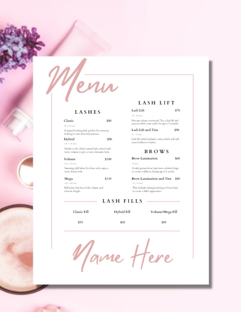 Lash Extension/brow Pricing Menu, Editable and Printable Digital - Etsy