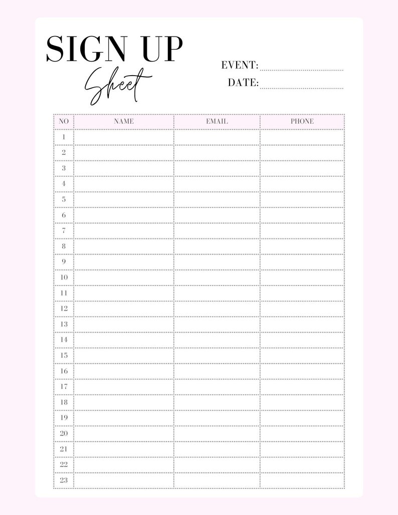 Sign up Sheet Form, Editable and Printable Digital - Etsy