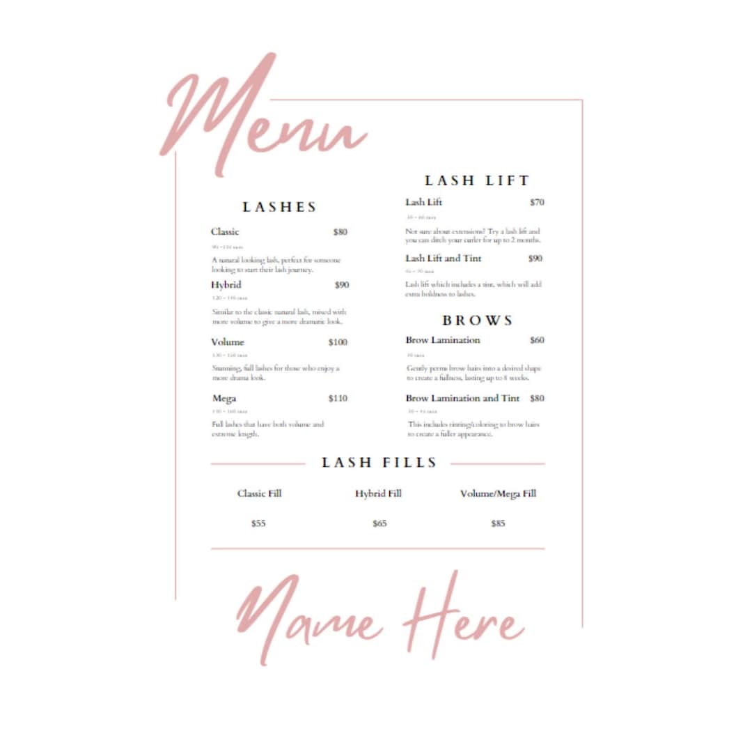 Lash Extension/brow Pricing Menu, Editable and Printable Digital - Etsy