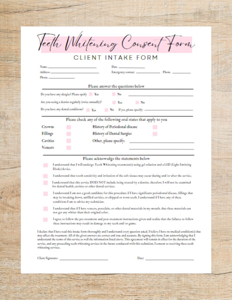 Teeth Whitening Consent Form, Editable and Printable Digital - Etsy