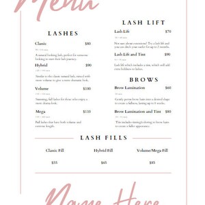 Lash Extension/brow Pricing Menu, Editable and Printable Digital - Etsy