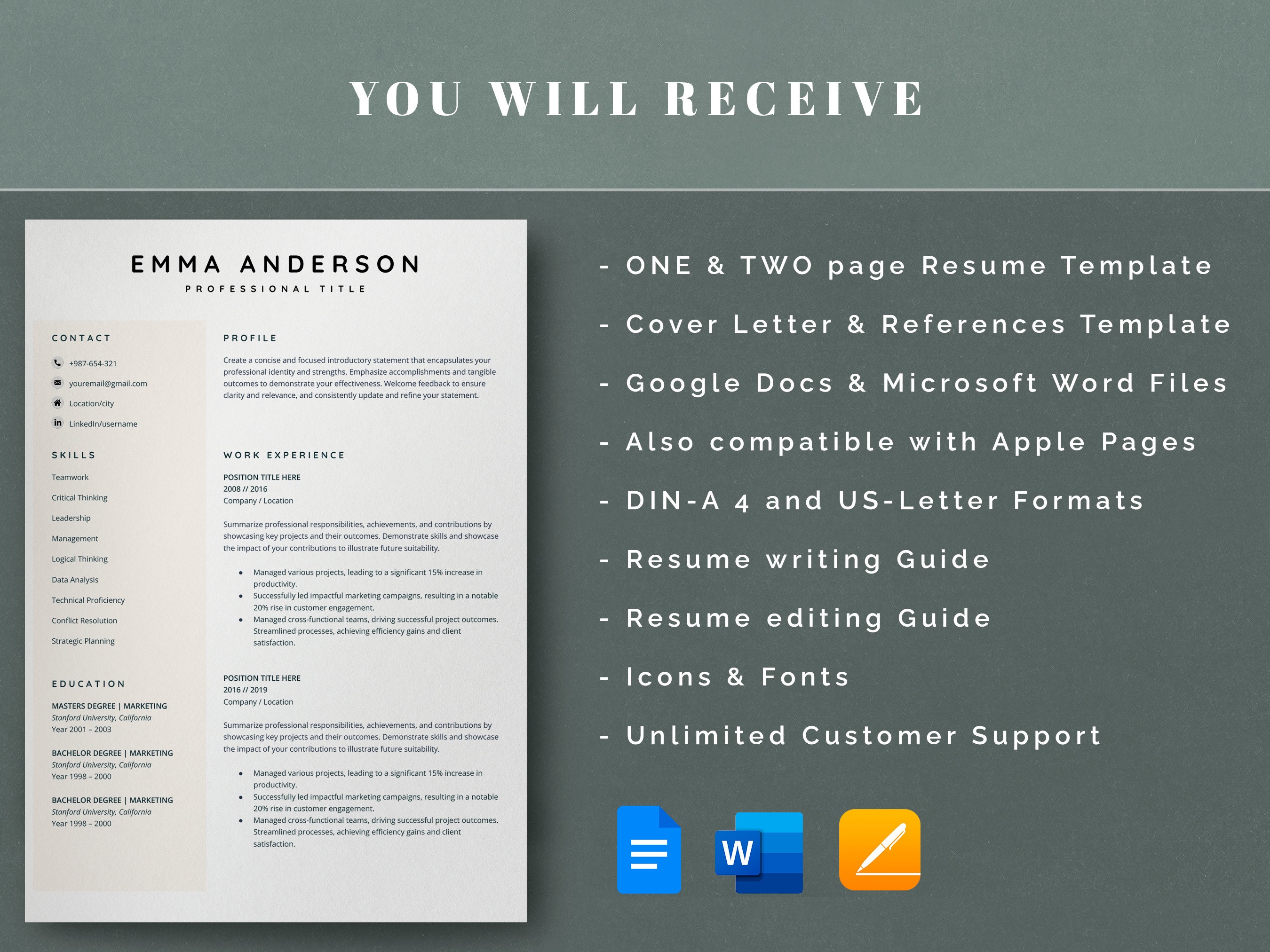Modern Resume Template, Resume Google Docs, Resume Word, 1-3 Page ...