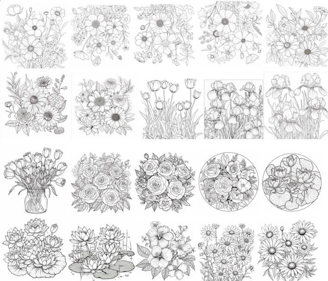 20 Printable Coloring Pages of Various Flowers - Etsy