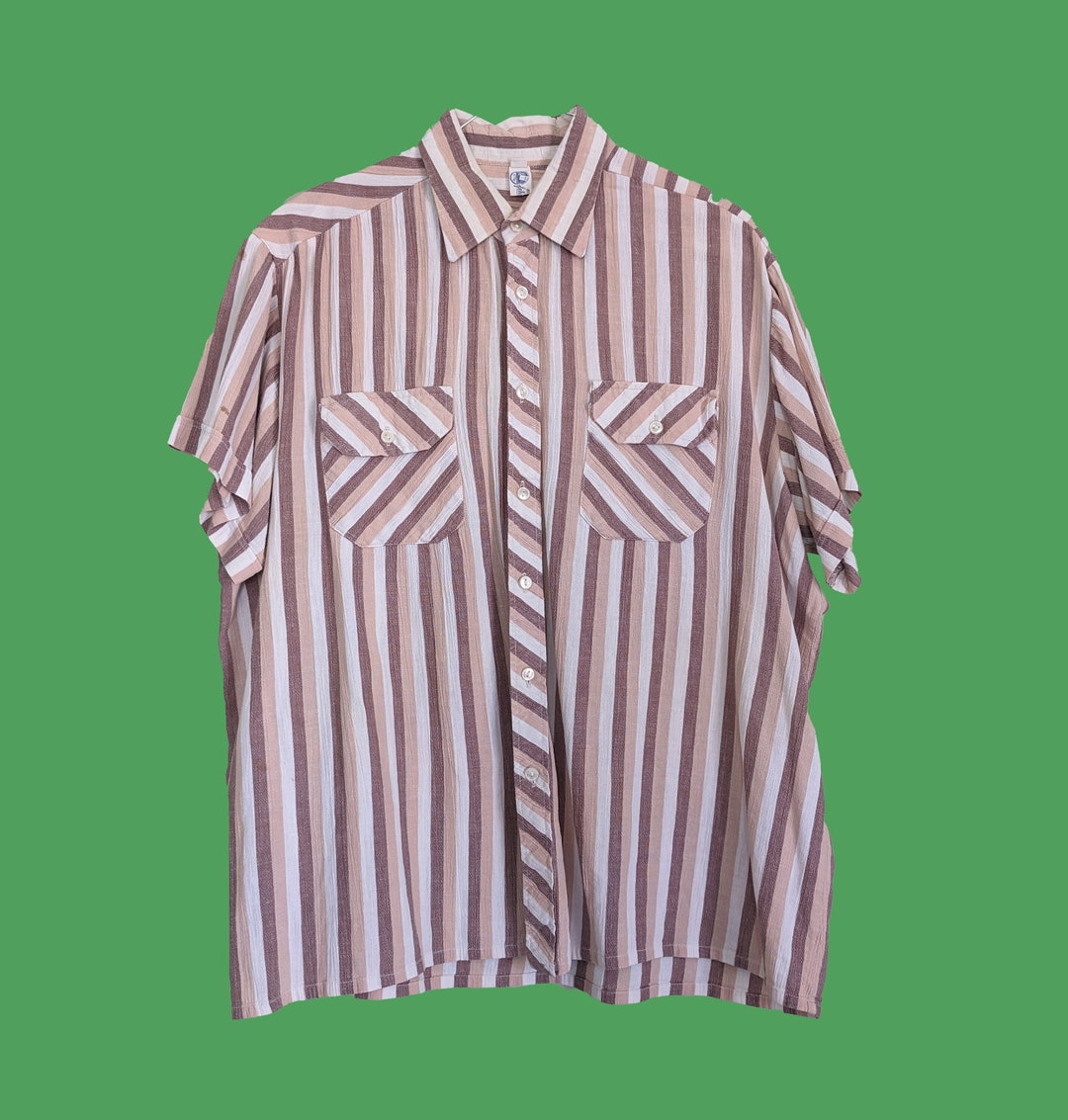 Mens Vintage Vertical Stripe Pattern Pocket Shirt, Button up Short ...
