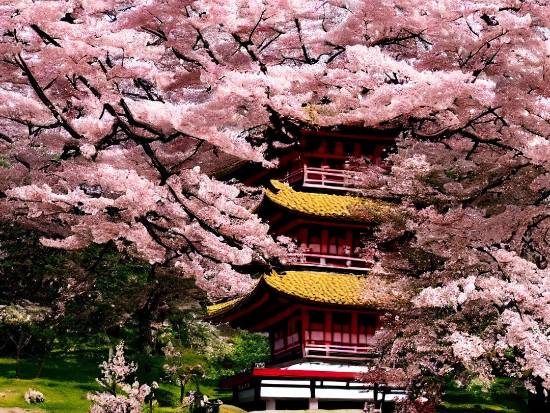 Chinese Temple Cherry Trees Pagoda - Etsy