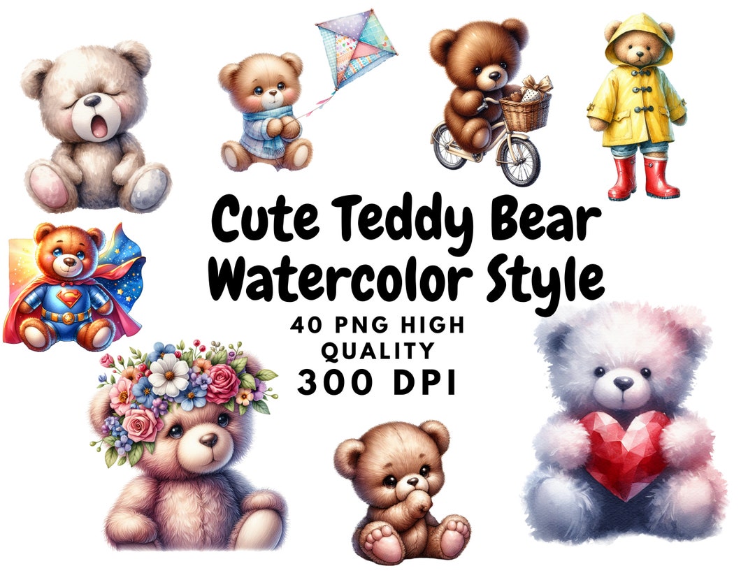 Teddy Bear Watercolor Clipart 40 PNG Images Nursery Wall Art Digital ...