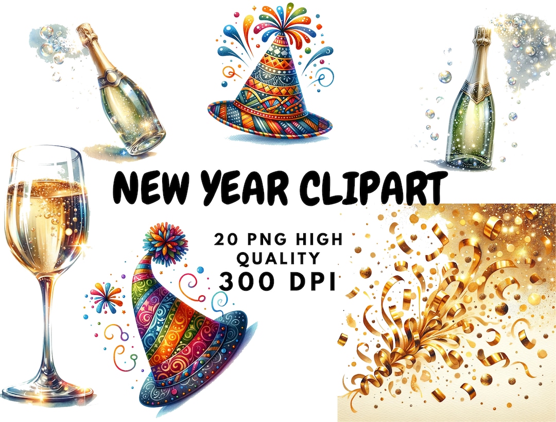 New Year Clipart, Watercolor PNG, 20 Watercolor Clipart, New Year Wall ...