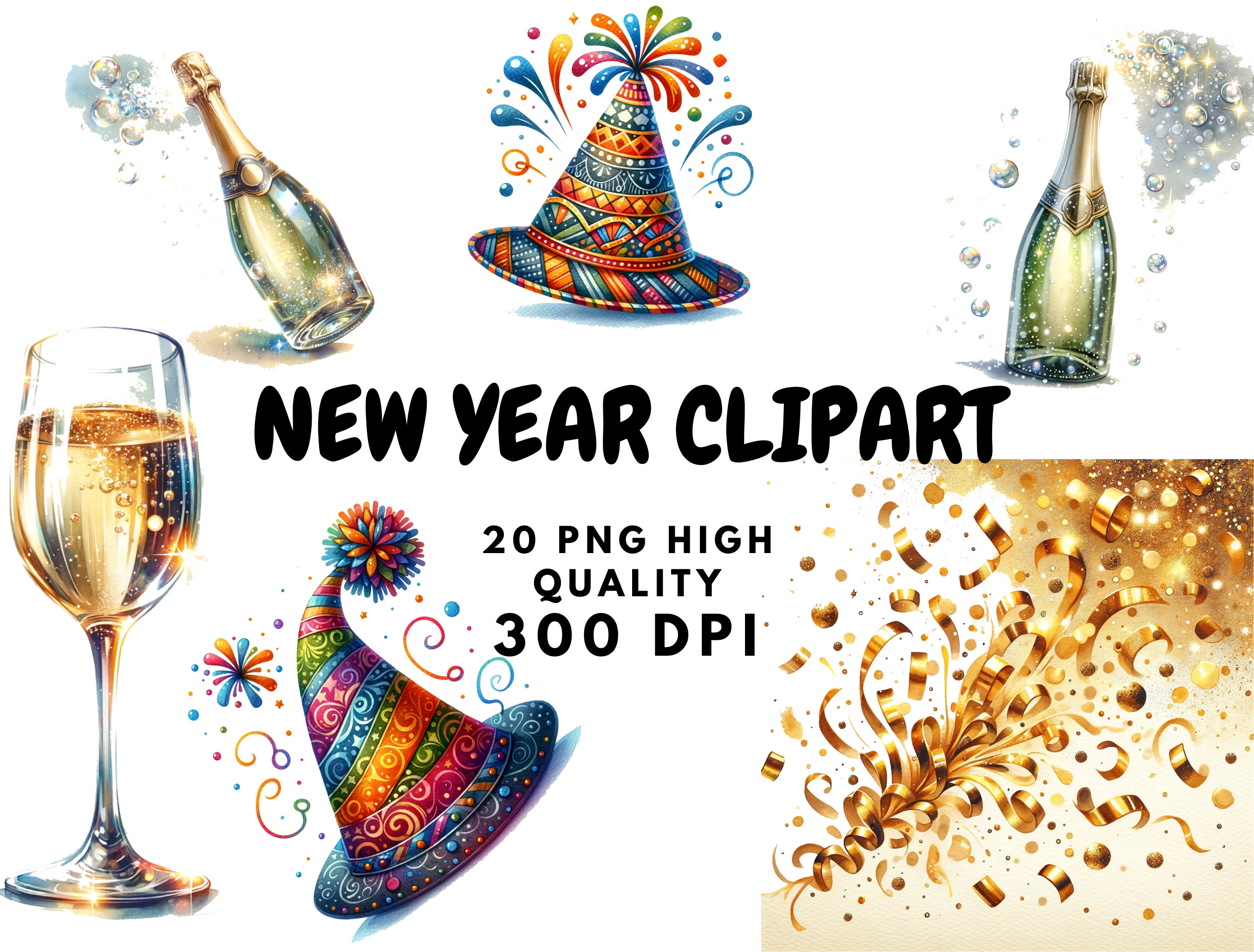 New Year Clipart, Watercolor PNG, 20 Watercolor Clipart, New Year Wall ...