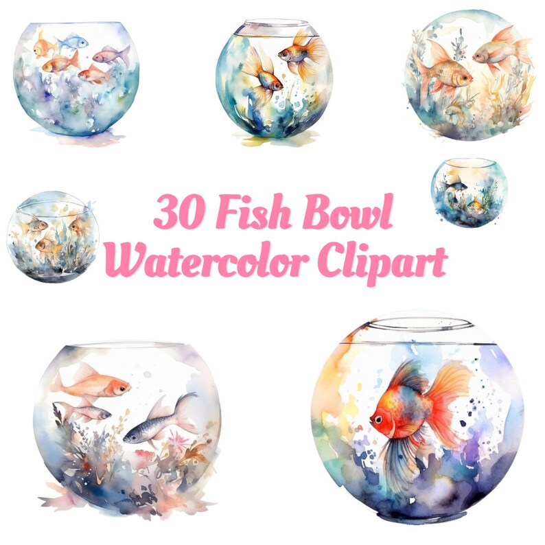 Watercolor Fishbowl Village Clipart, Fish Tank Watercolor Clipart ...