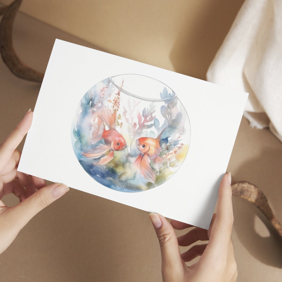 Watercolor Fishbowl Village Clipart, Fish Tank Watercolor Clipart ...