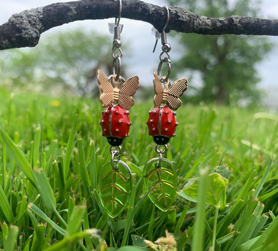 Butterfly Ladybug Leaf “stacked” Dangle Earrings! - Etsy