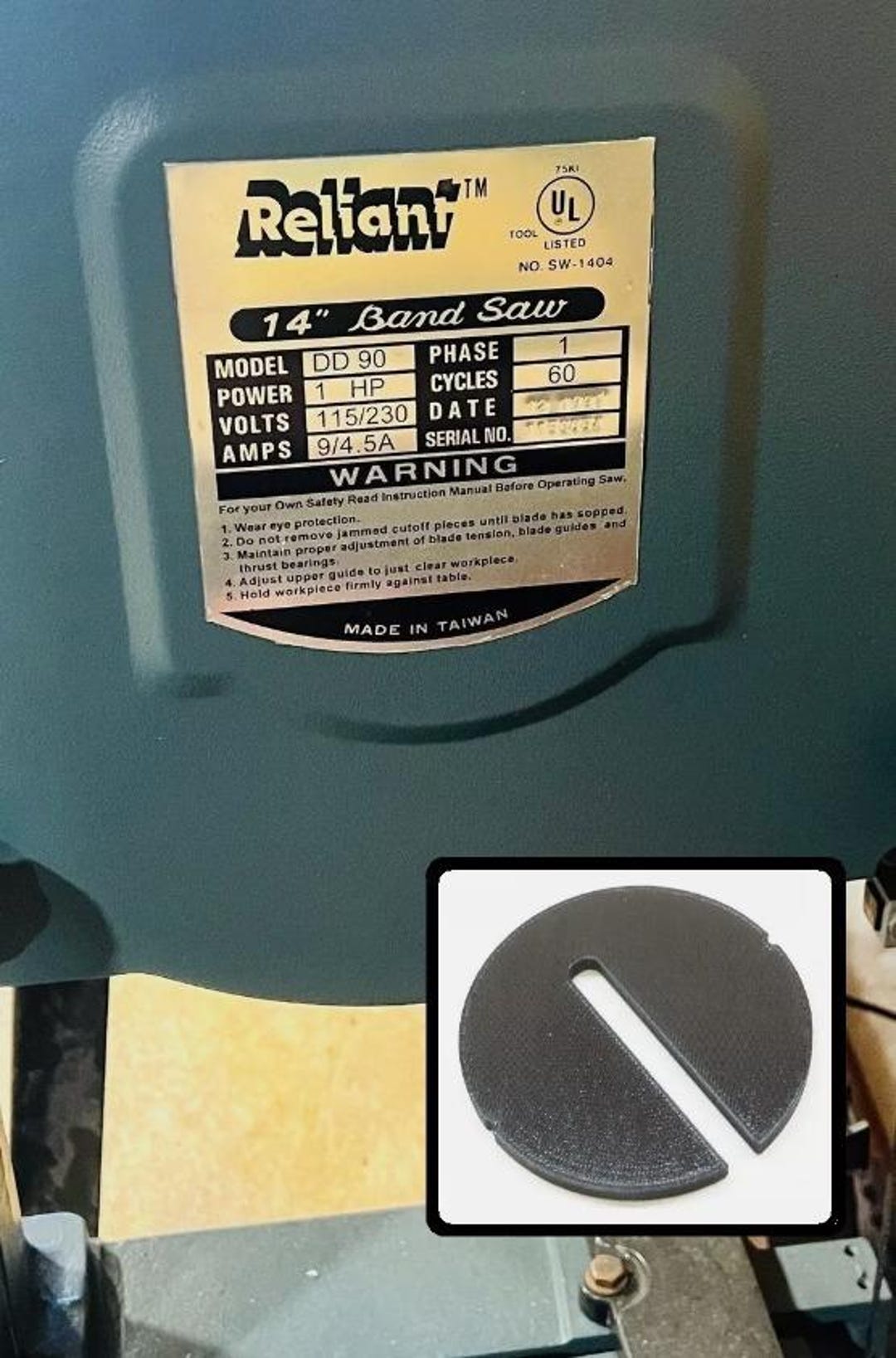 Bandsaw Table Insert Plate for Vintage Reliant 14" Band Saw DD90 2.5" X ...