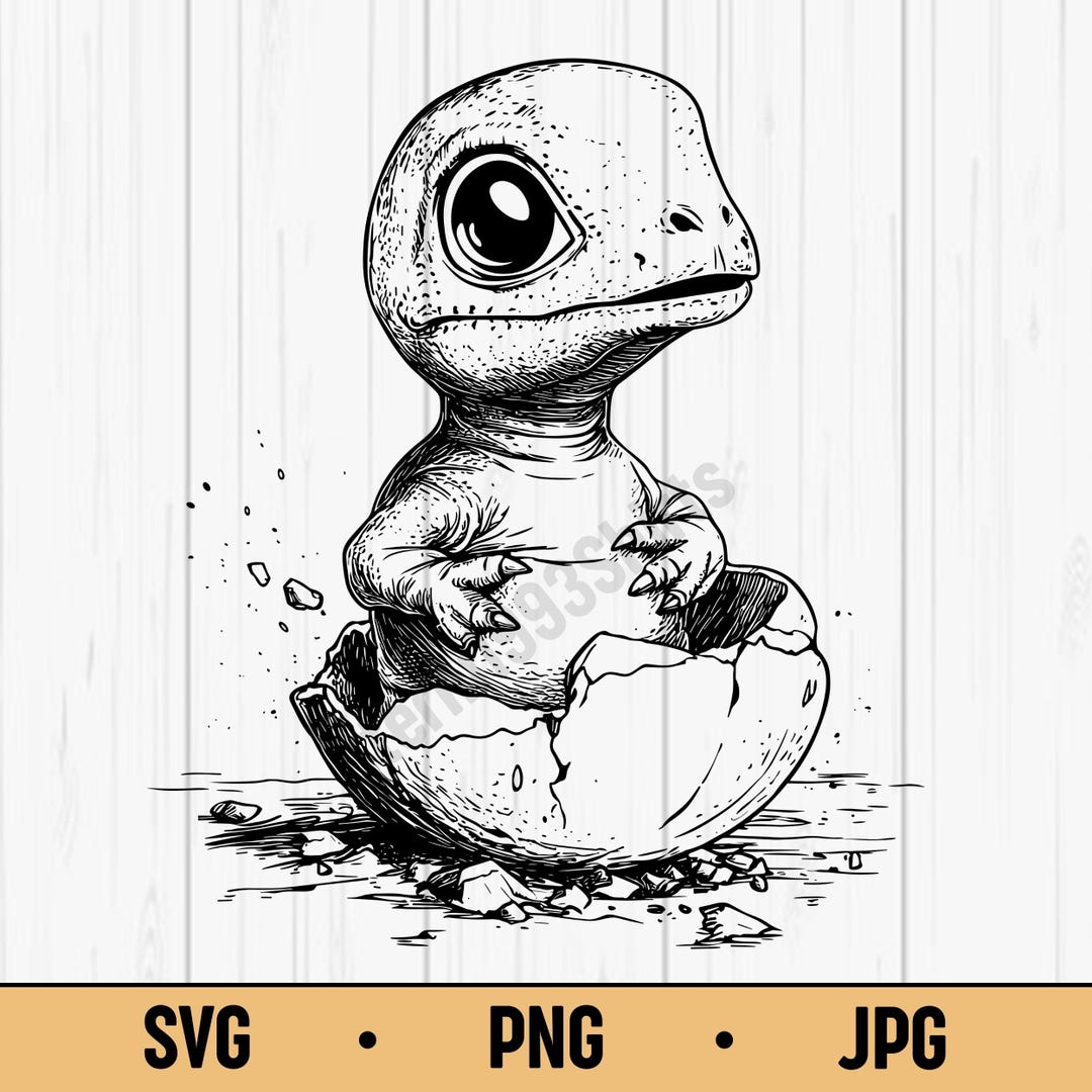 Cute Baby Dinosaur Hatching From Egg SVG PNG – Black Line Art Digital ...
