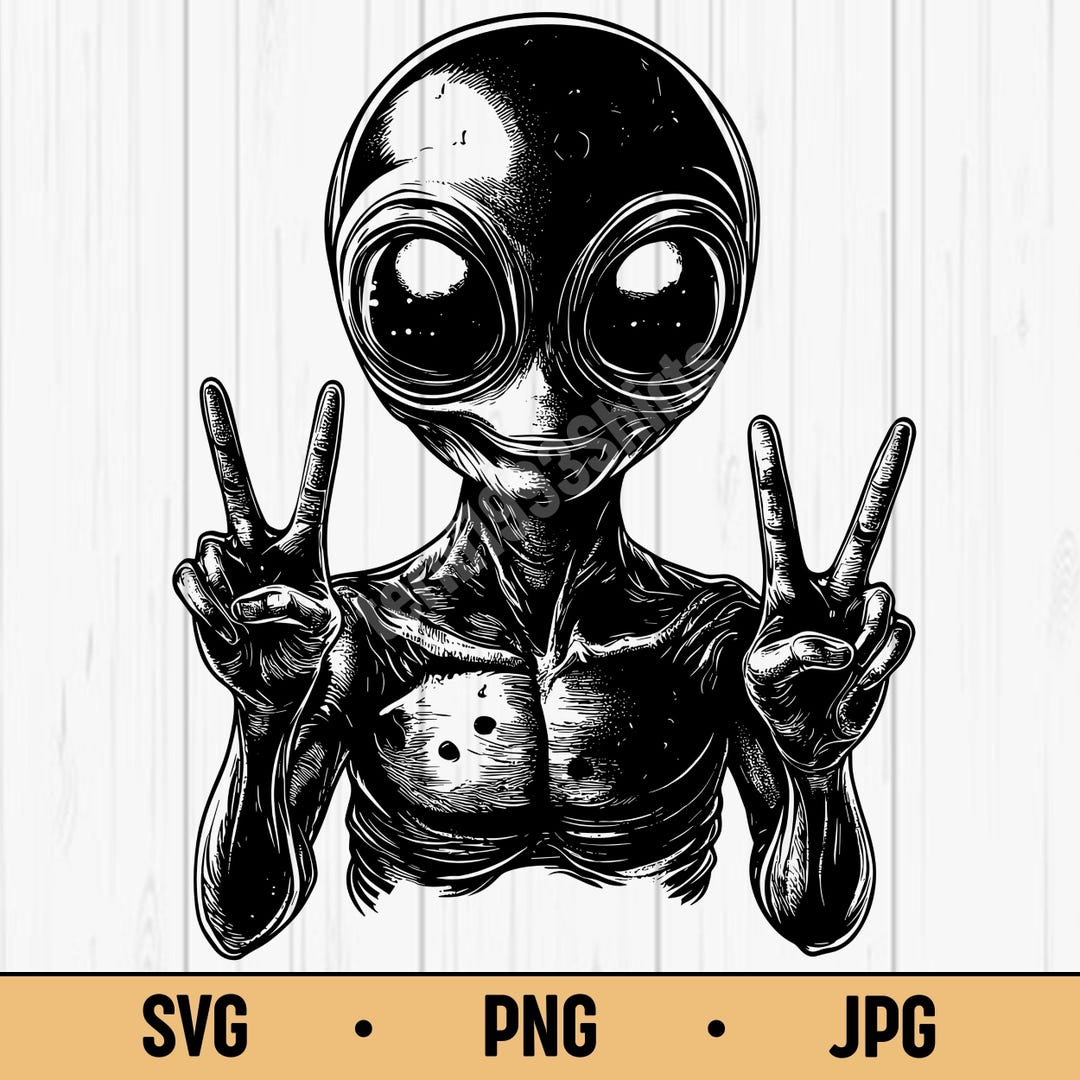 Peaceful Alien SVG PNG – Funny Extraterrestrial Line Art Digital ...