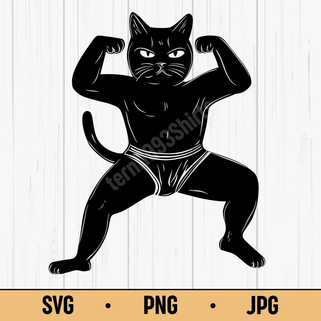 Strong Cat Boxer SVG PNG – Funny Black Vector Cat in Underwear Flexing ...