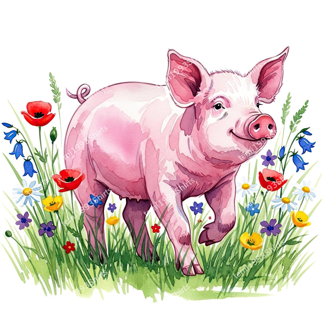 10 Pigs in Grassland Watercolor Clipart JPG Bundle - Farm Animal ...