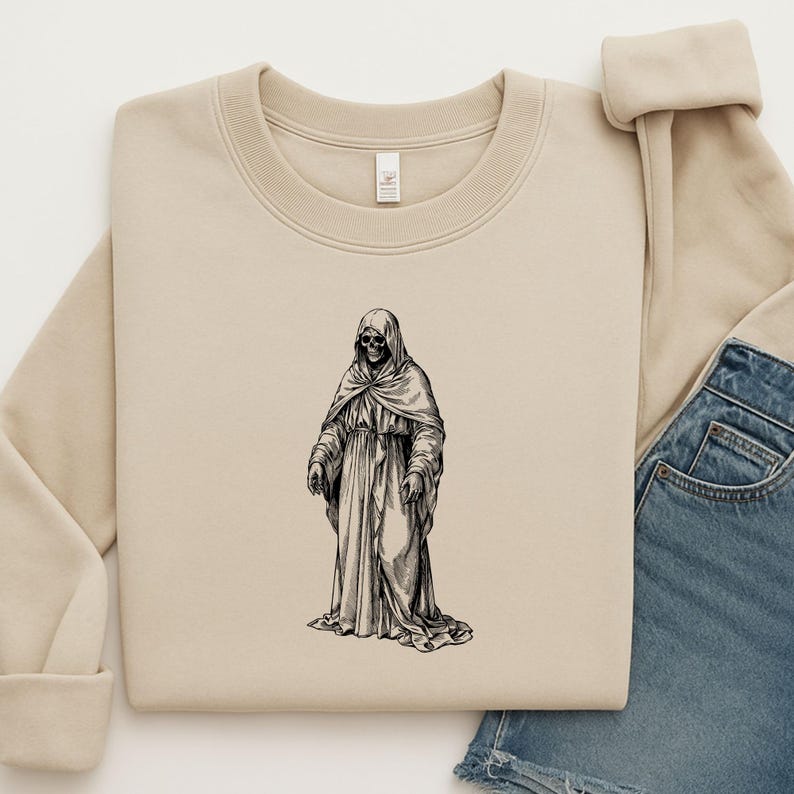 Skeleton Monk SVG PNG JPG – Grim Skeleton in Hooded Robe, Hand Drawn ...