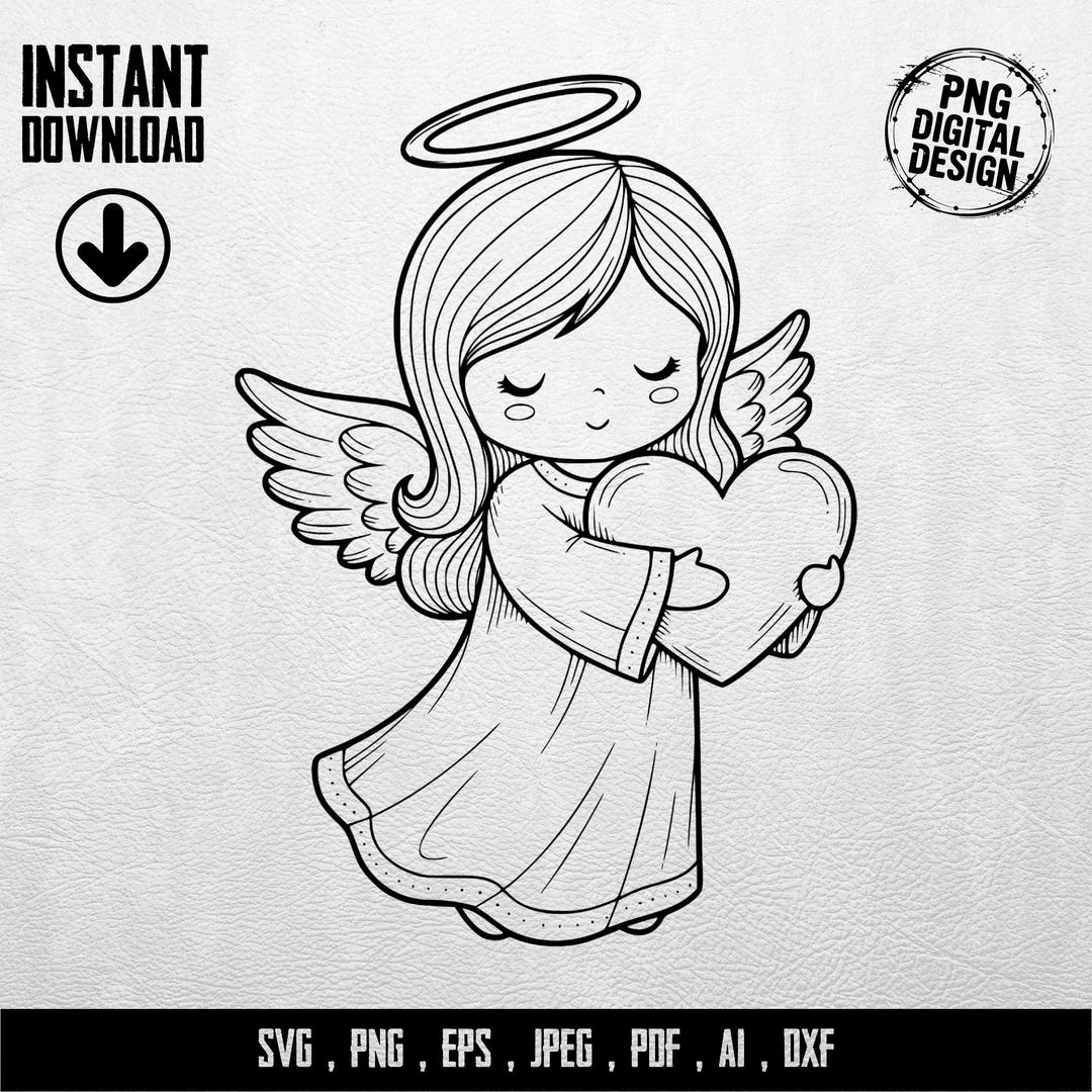Angel With Heart Digital, Cute Angel SVG, Angel PNG Printable, Line Art ...