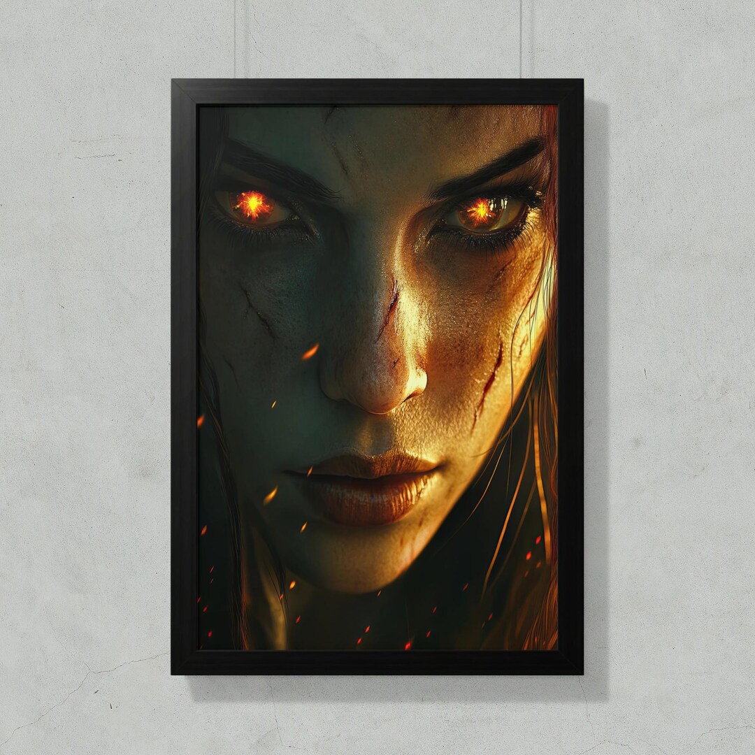 Fiery Eyed Sorceress Digital Wall Art, Fantasy Portrait, Dark Magic ...