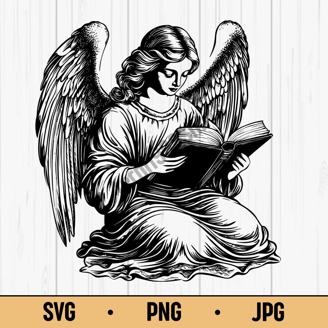 Vintage Angel Reading Book PNG SVG – Detailed Line Art of Praying Angel ...