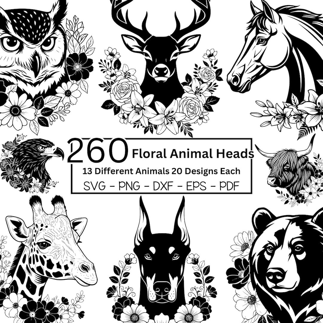 260 Floral Animal Head Clipart Bundle - Boho Animals Svg Png Dxf Eps ...