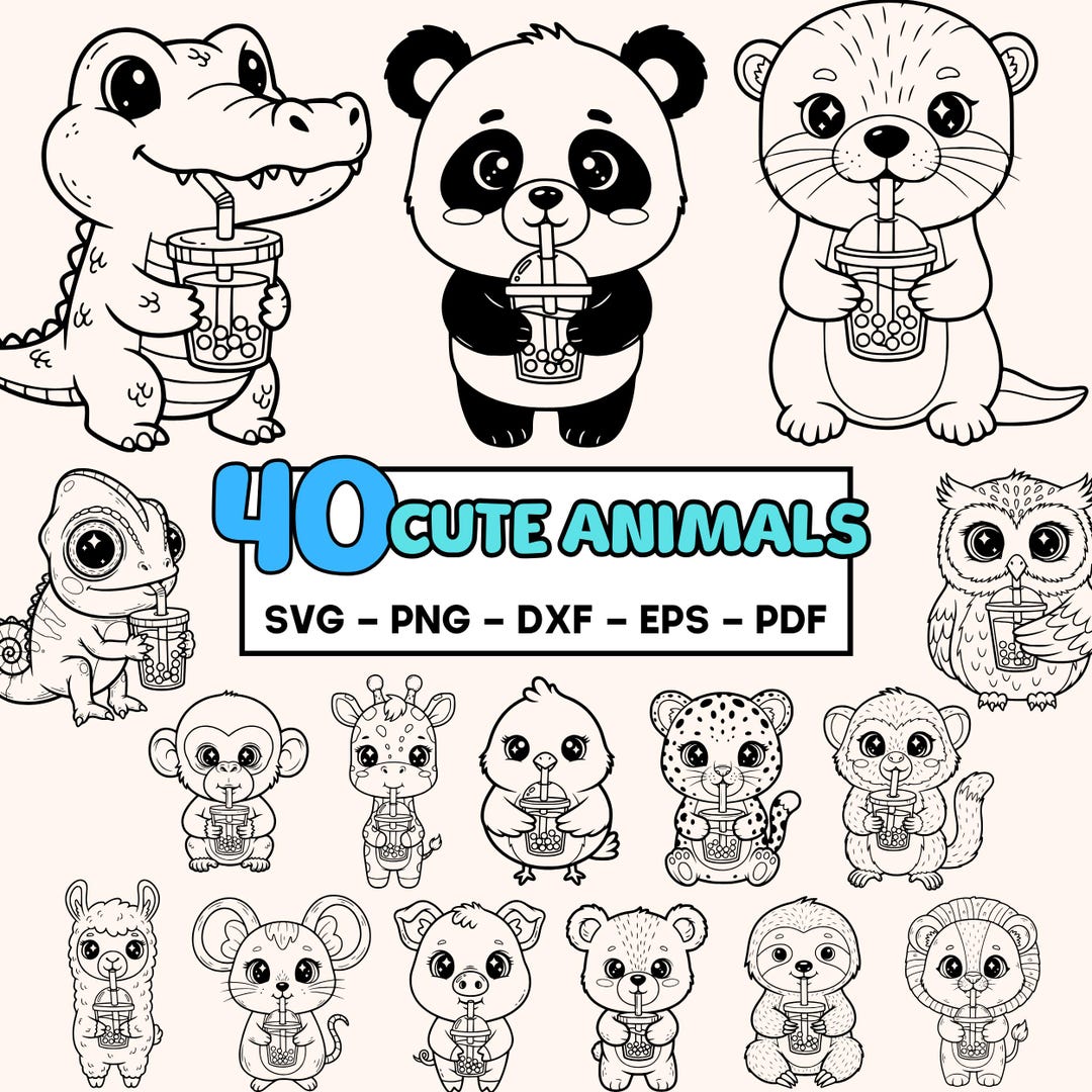 40 Cute Animals Drinking Boba Tea Bundle Svg Png Dxf Eps Pdf - Cartoon ...